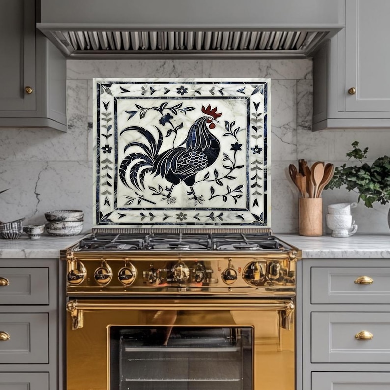 Rustic Rooster Kitchen Marble Look Backsplash Splashback, Farmhouse ...