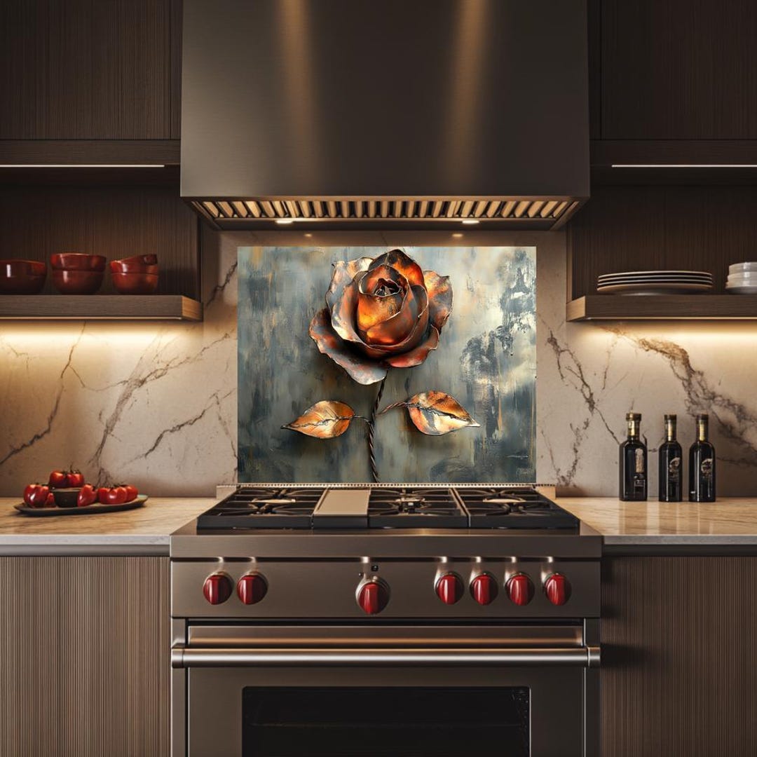 Copper Embossed Rose Glass Backsplash Splashback, Elegant Floral Wall ...