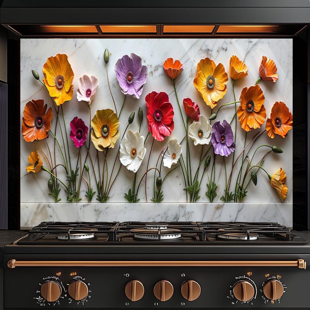 Glass Backsplash-floral Tile Look One Piece Tempered Glass Kitchen ...