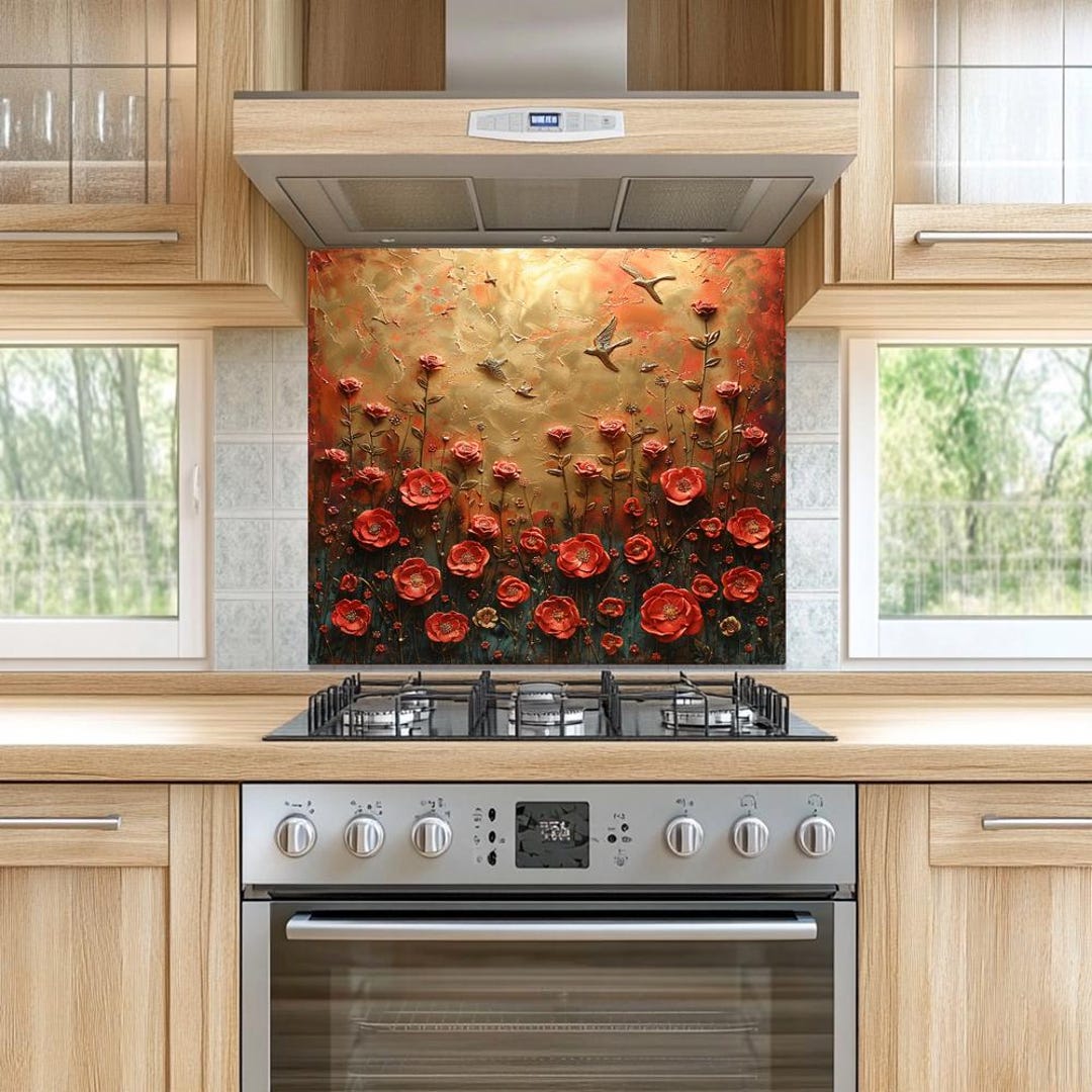 Floral Look Glass Backsplash Splashback – Elegant Botanical Wall Art ...