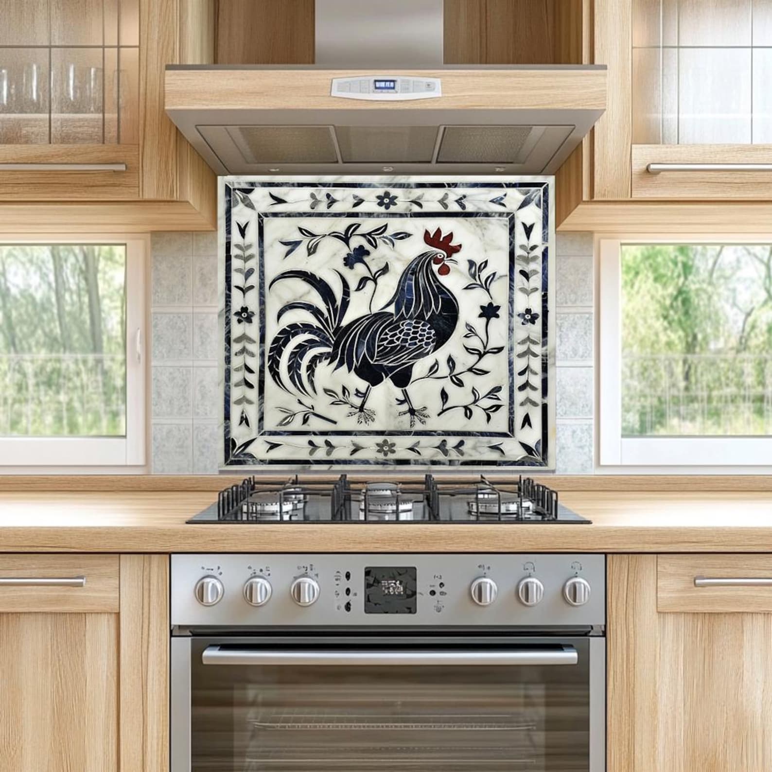 Rustic Rooster Kitchen Marble Look Backsplash Splashback, Farmhouse ...