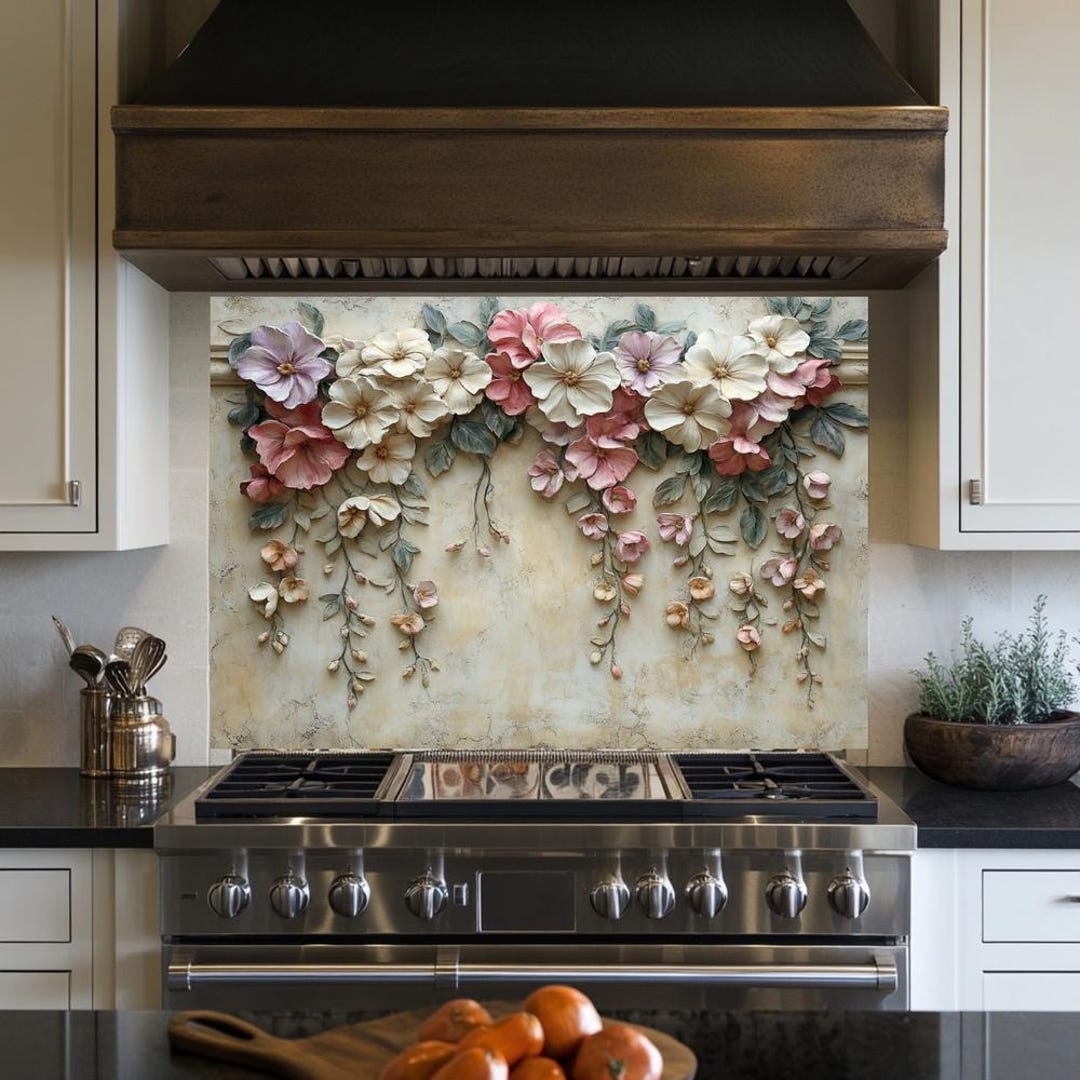 Floral Glass Kitchen Backsplash, Elegant Tile-inspired Home Wall Art ...