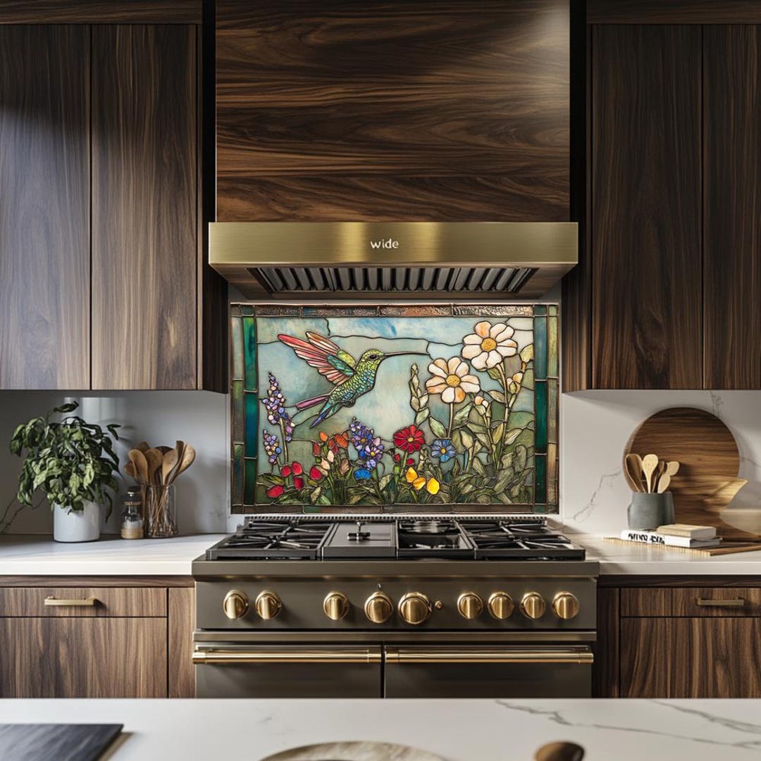 Hummingbird Stained Glass Look Printed Tempered Glass Backsplash ...