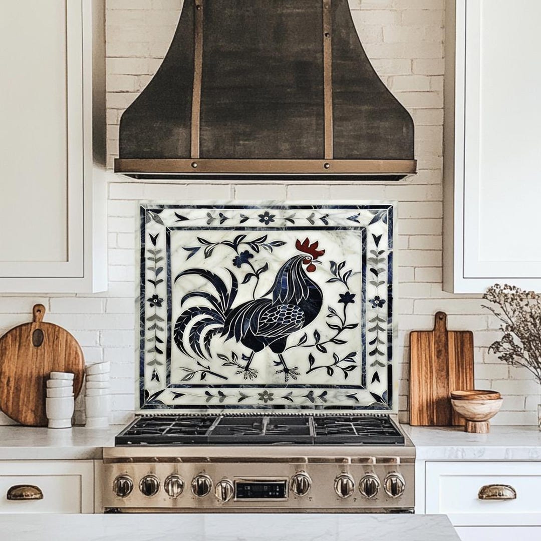 Rustic Rooster Kitchen Marble Look Backsplash Splashback, Farmhouse ...