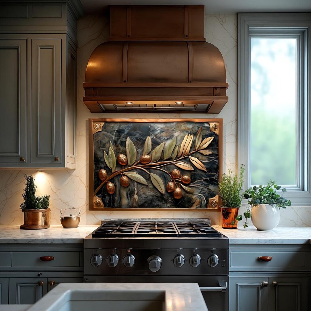 Copper Look Olives and Leaves Glass Backsplash | Mediterranean Kitchen ...