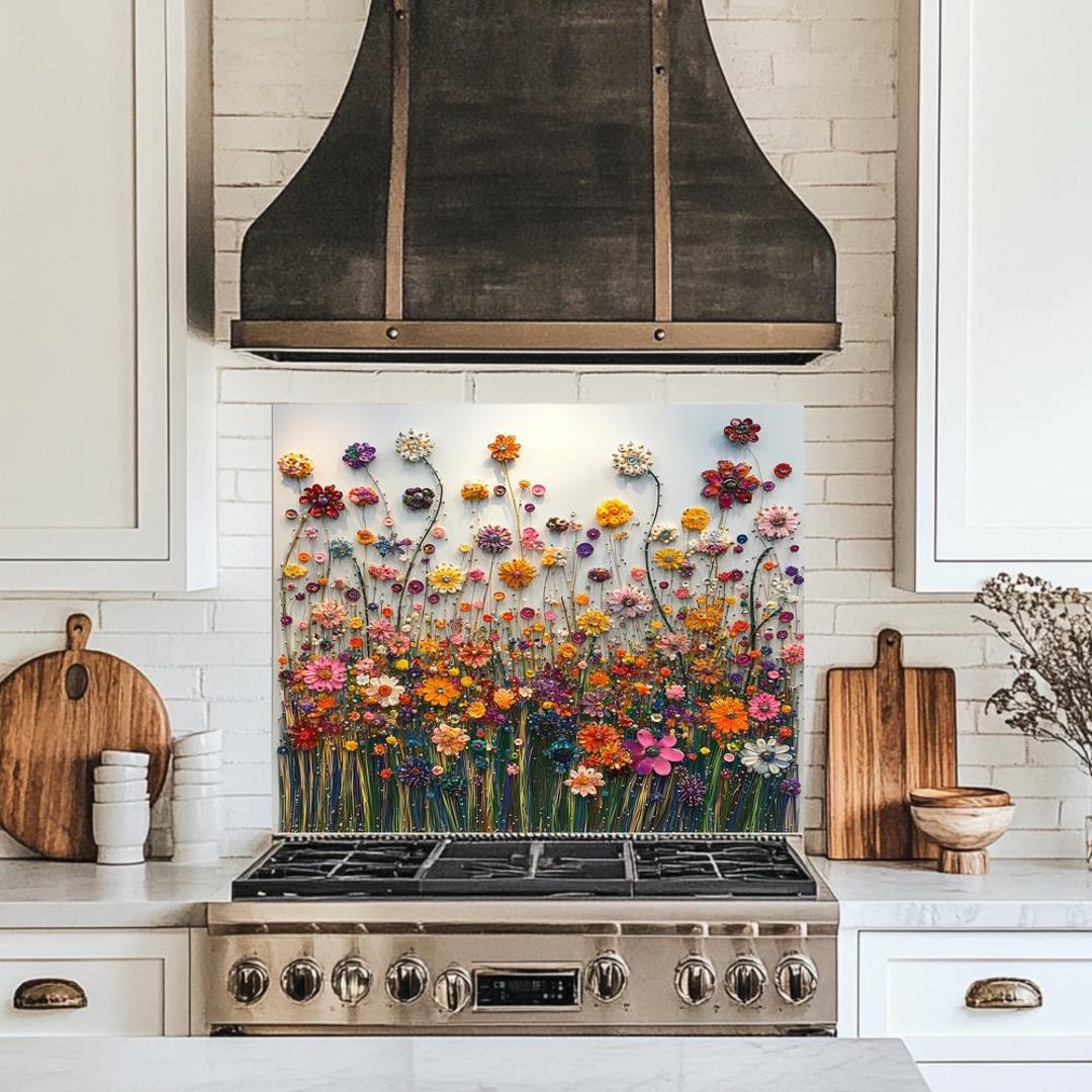 Floral Tempered Glass Kitchen Backsplash Panel: Tempered Glass Colorful ...
