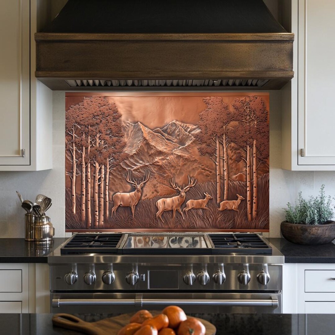 Copper Look Deer Forest Glass Backsplash Tile – Rustic Nature Kitchen ...
