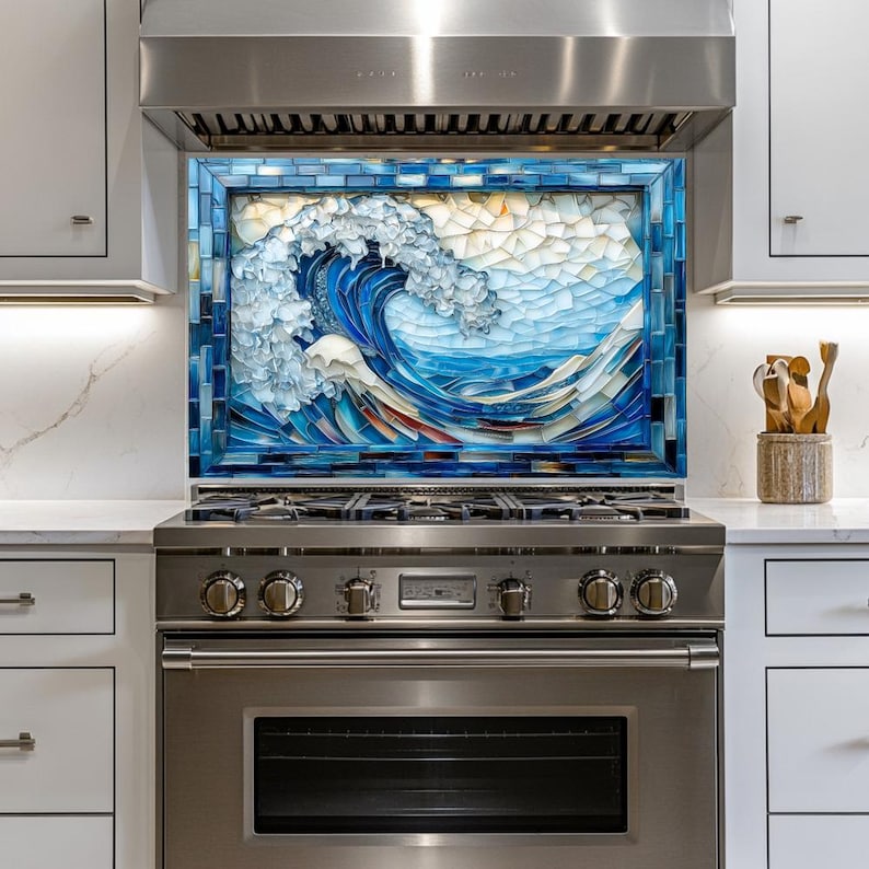 Ocean Wave Glass Backsplash Splashback for Kitchen Stove Behind and ...