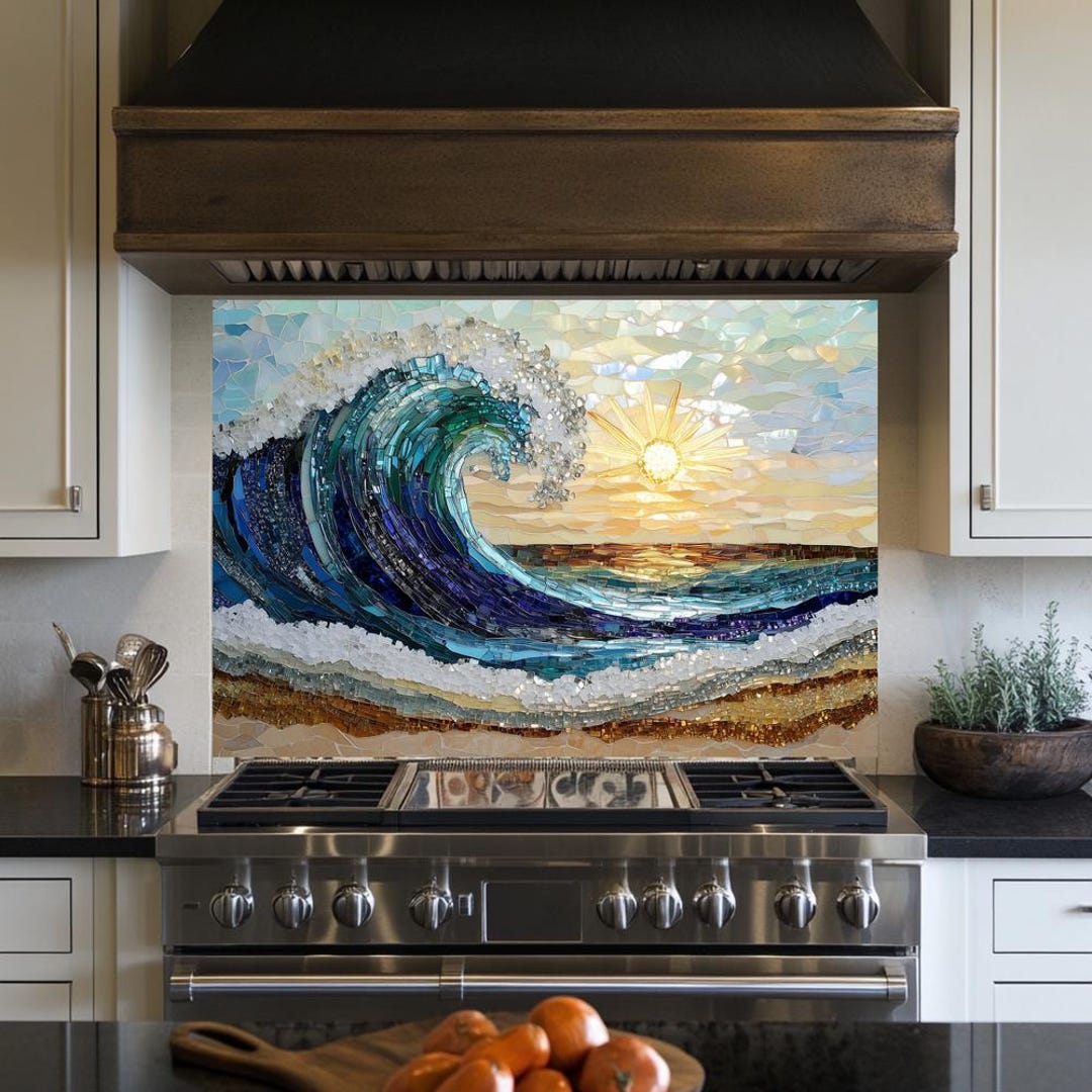 Ocean Wave Landscape Glass Backsplash – Stained Glass Inspired Kitchen ...