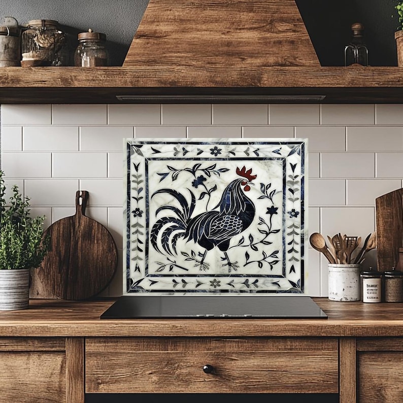 Rustic Rooster Kitchen Marble Look Backsplash Splashback, Farmhouse ...