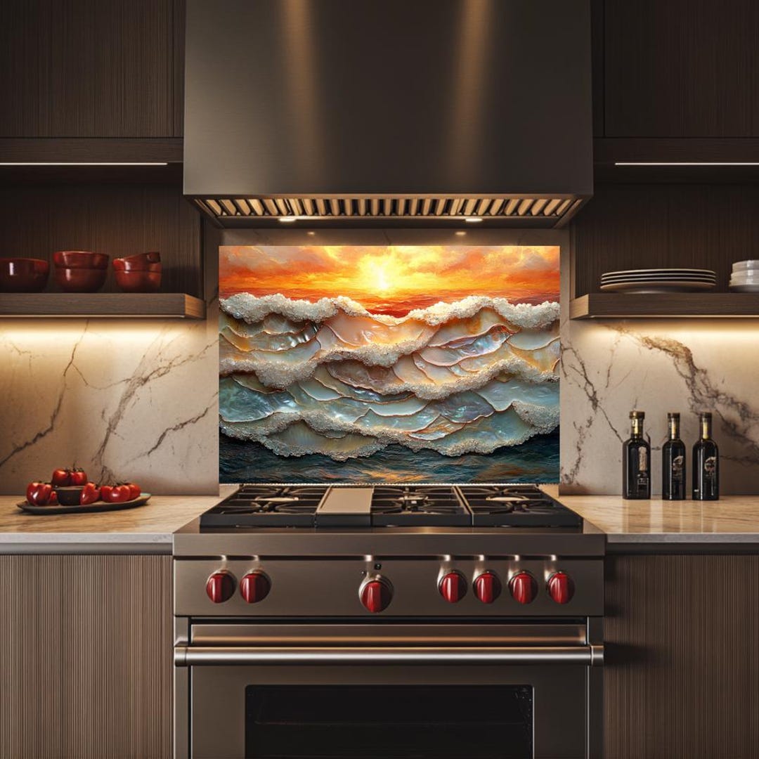 Sunset Ocean Wave Glass Backsplash Splashback for Kitchen Stove Behind ...