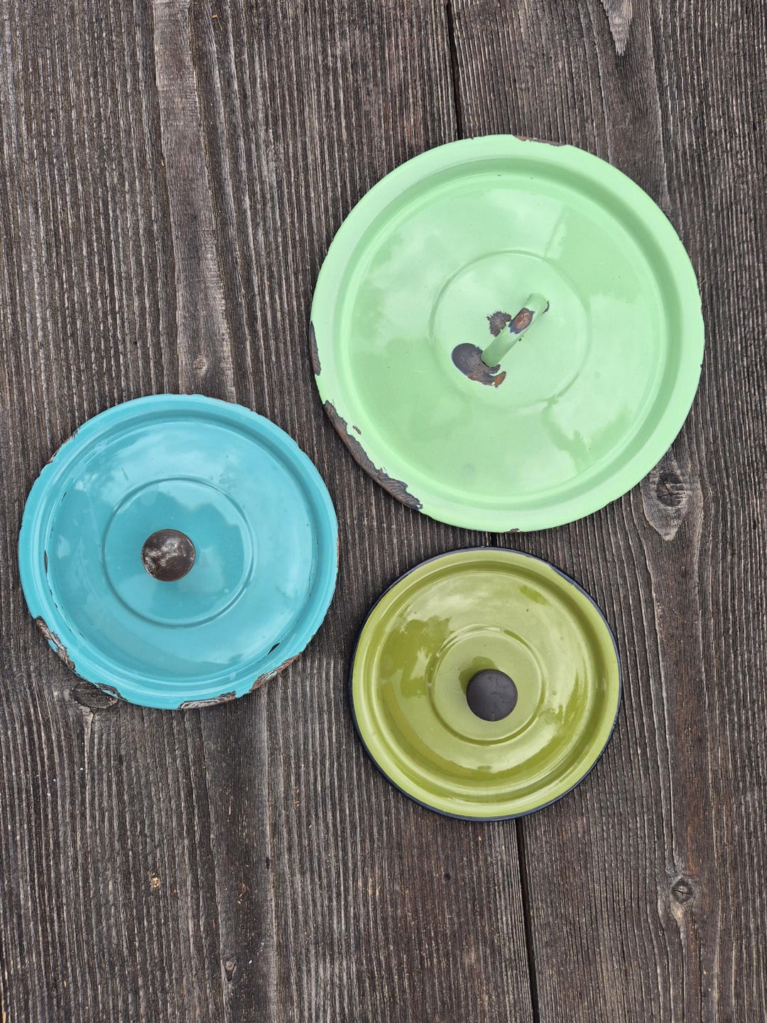 Set of 3 Vintage Enamel Pot Lids | Rustic Kitchen Decor | Old Cooking ...