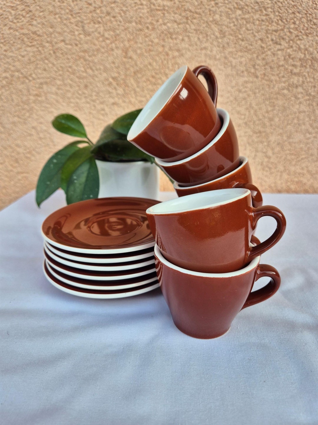 Vintage Italian Classic Brown Coffee Mugs and Saucers / Porcelain Bar's ...