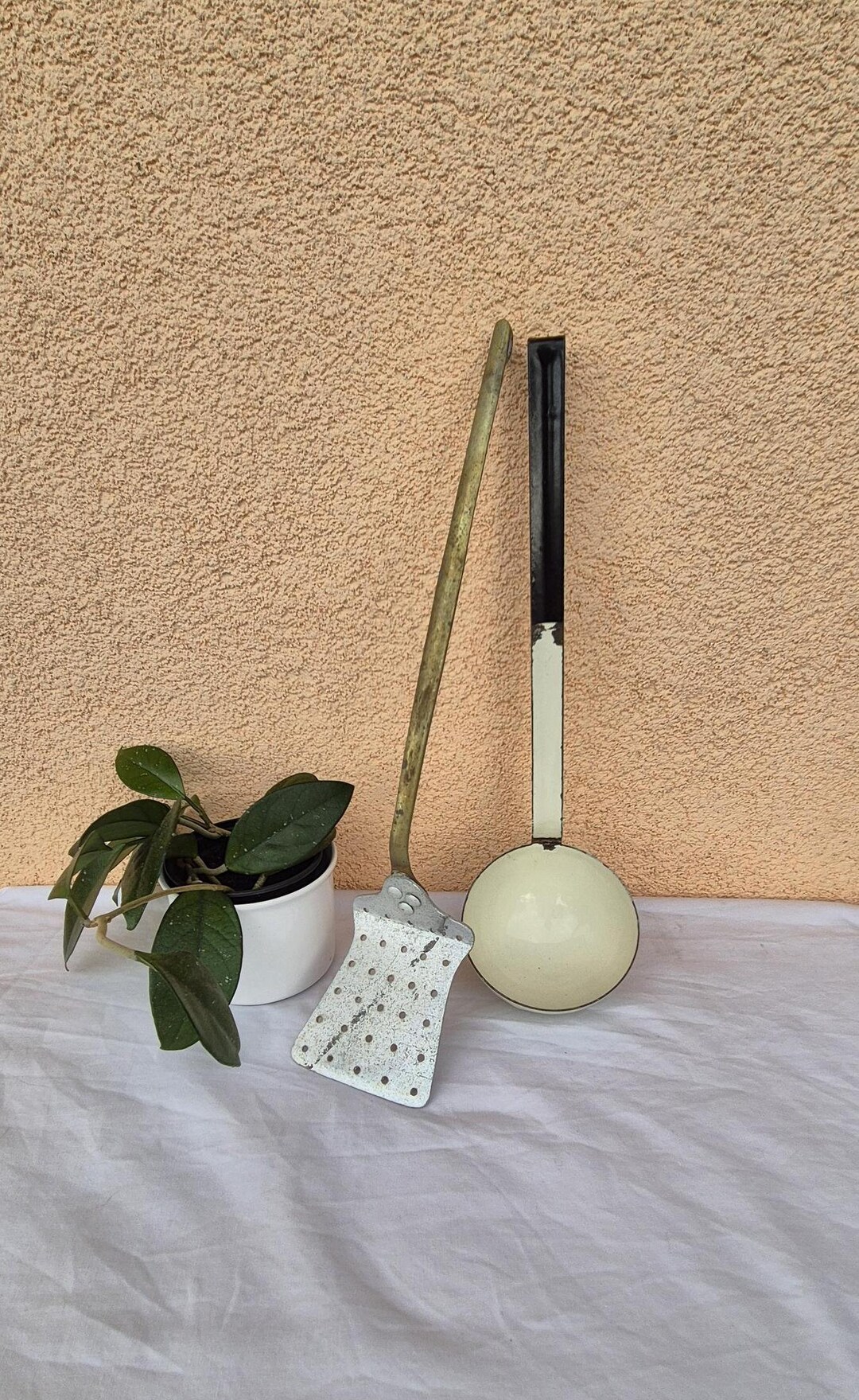 Vintage Enamel Kitchen Utensils: Brass Handle Serving Spoon, Aluminum ...