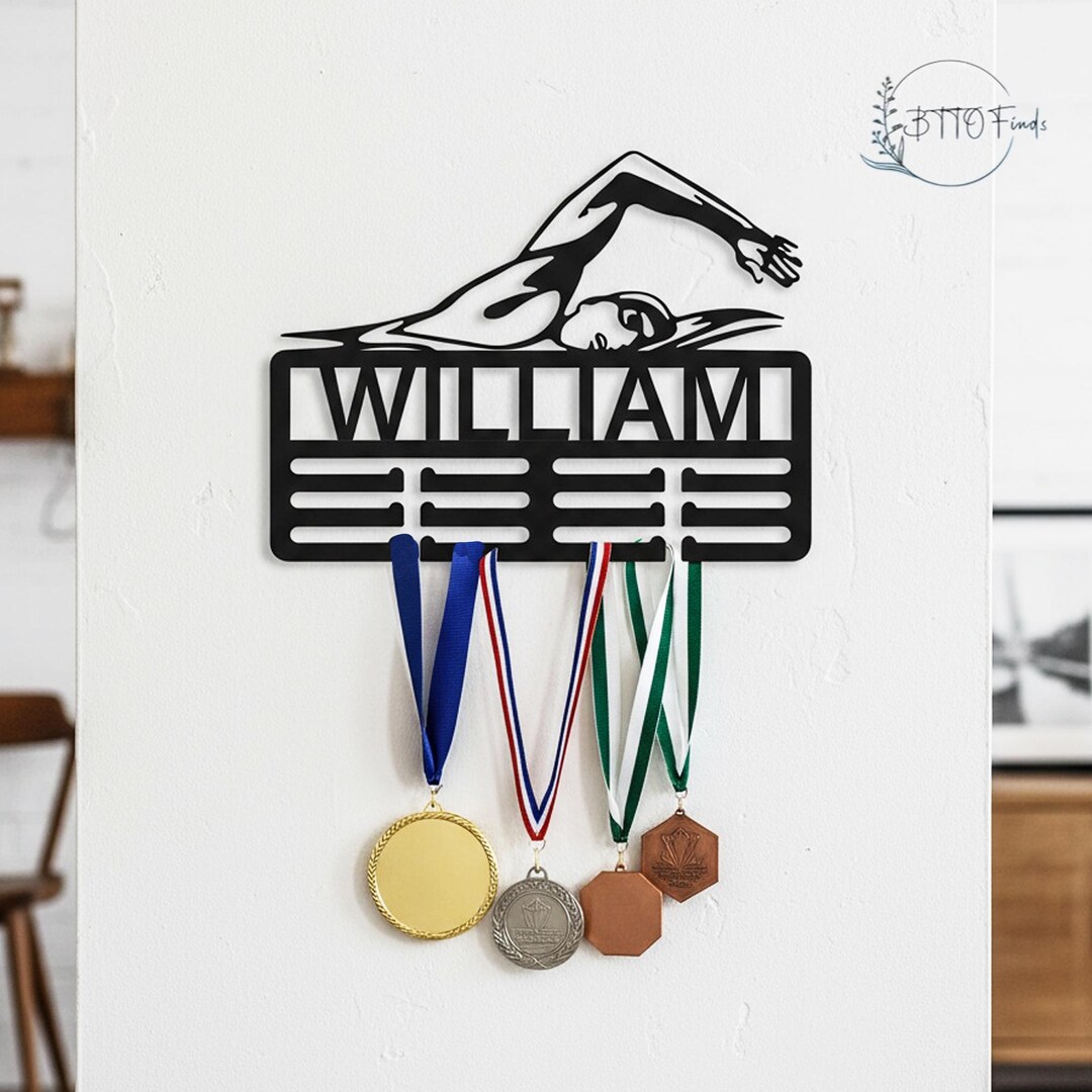 Personalized Swimming Medal Display Rack, Custom Name Metal Sign for ...