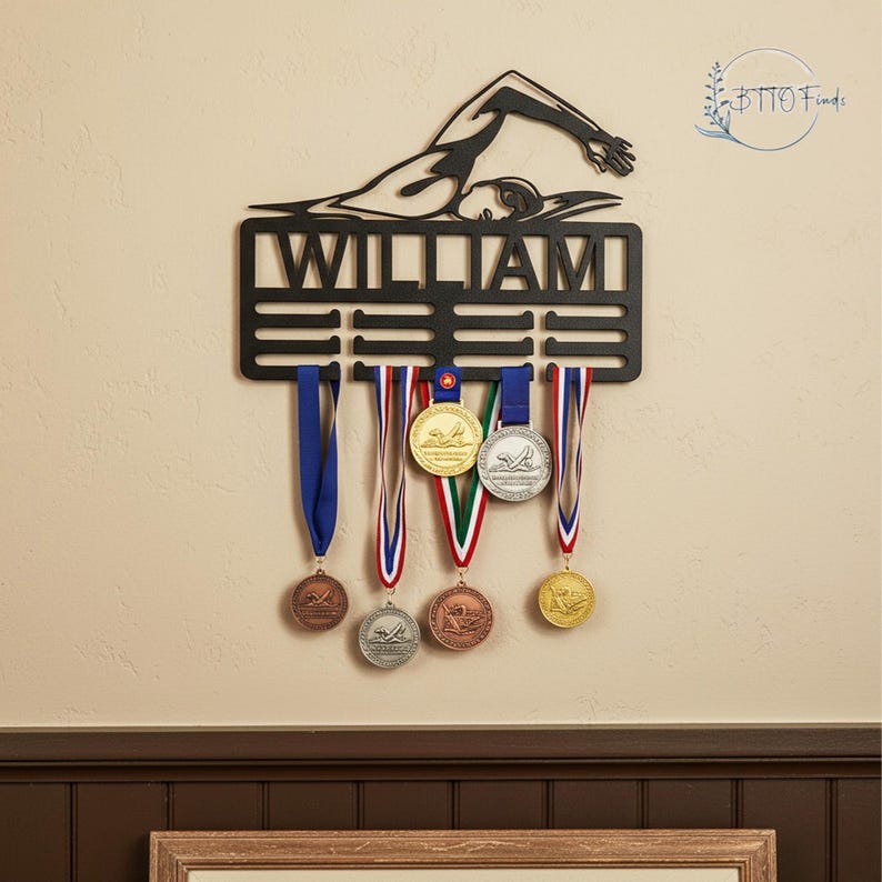 Personalized Swimming Medal Display Rack, Custom Name Metal Sign for ...