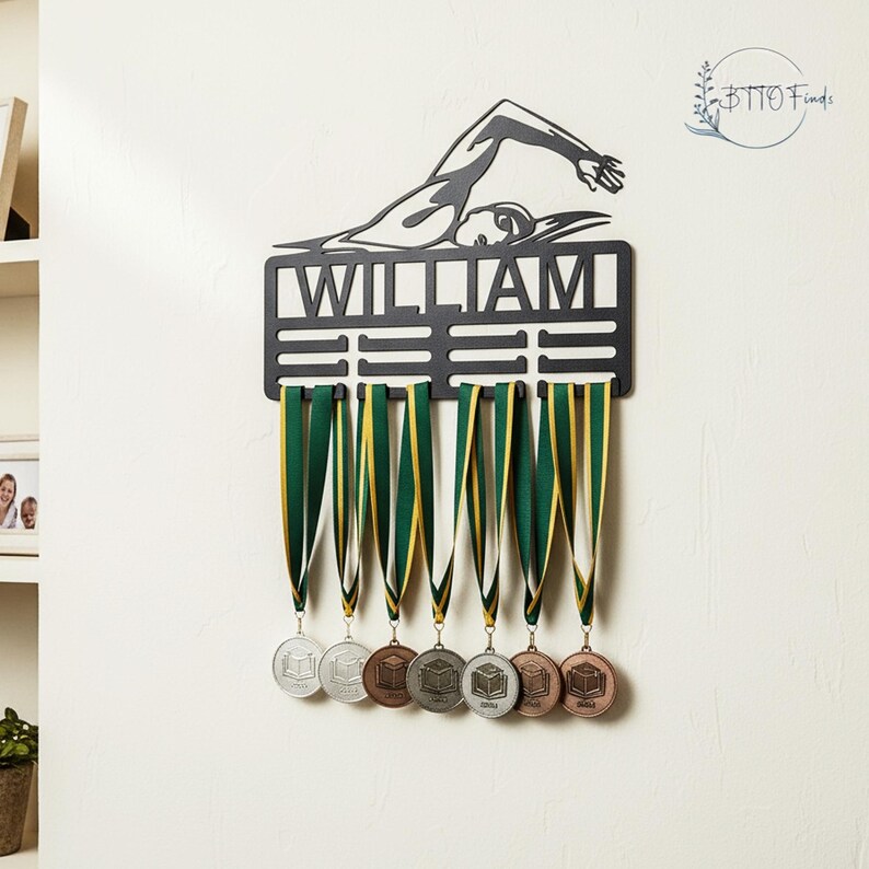 Personalized Swimming Medal Display Rack, Custom Name Metal Sign for ...