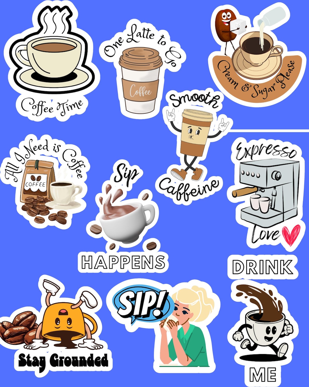 10 Printable Coffee Sticker Set – Fun Digital Sayings for Coffee Lovers ...