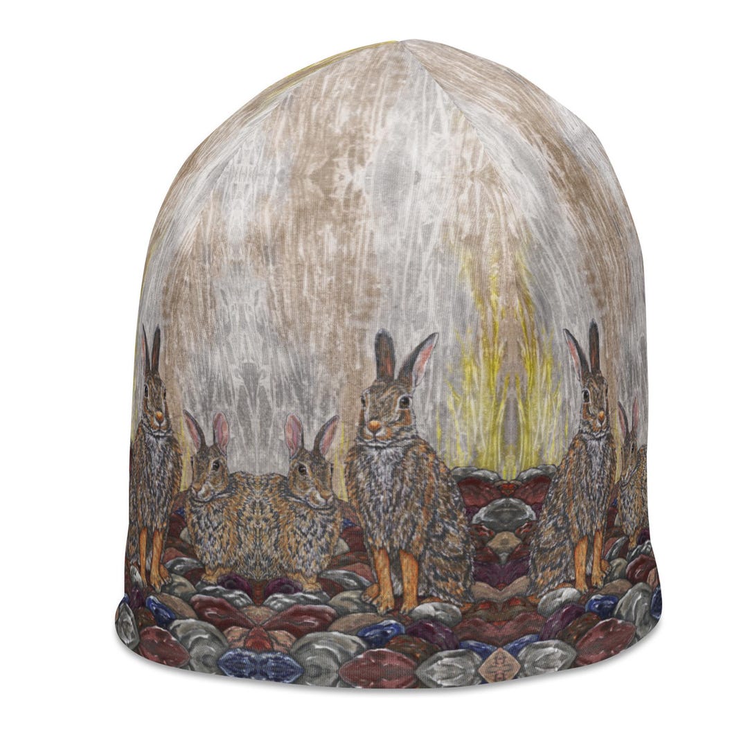 Rabbits Beanie: Bunnies Rock Art Print, Unisex Hat, Wildlife Theme ...