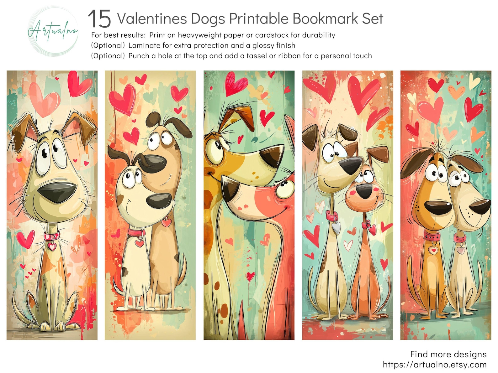 15 Valentines Dogs Printable Bookmarks, Whimsical Dog Valentine ...
