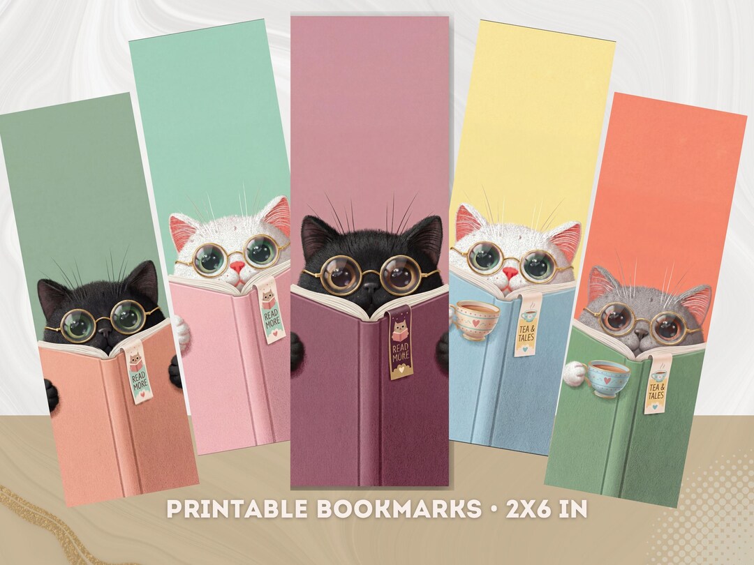 Cute Reading Cats Bookmarks Printable: 5 Cat Bookmarks, Book Lover Gift ...