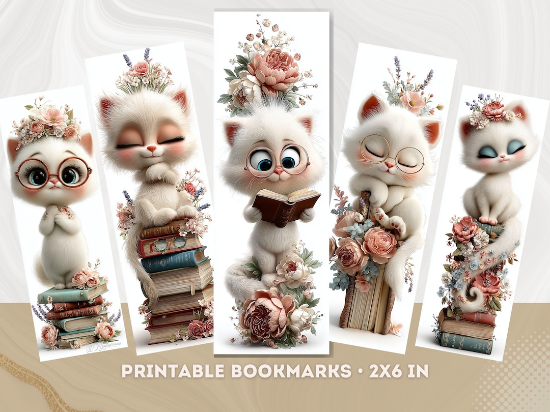 Floral Bookish Cat Bookmarks Printable Set, Cute Cat Bookmark Bundle, 5 ...