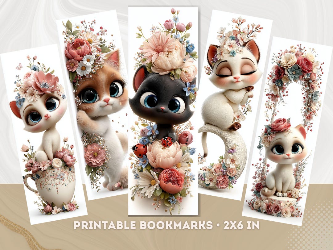 Secret Garden Cats Bookmarks Printable Set, Cute Floral Cat Bookmarks ...