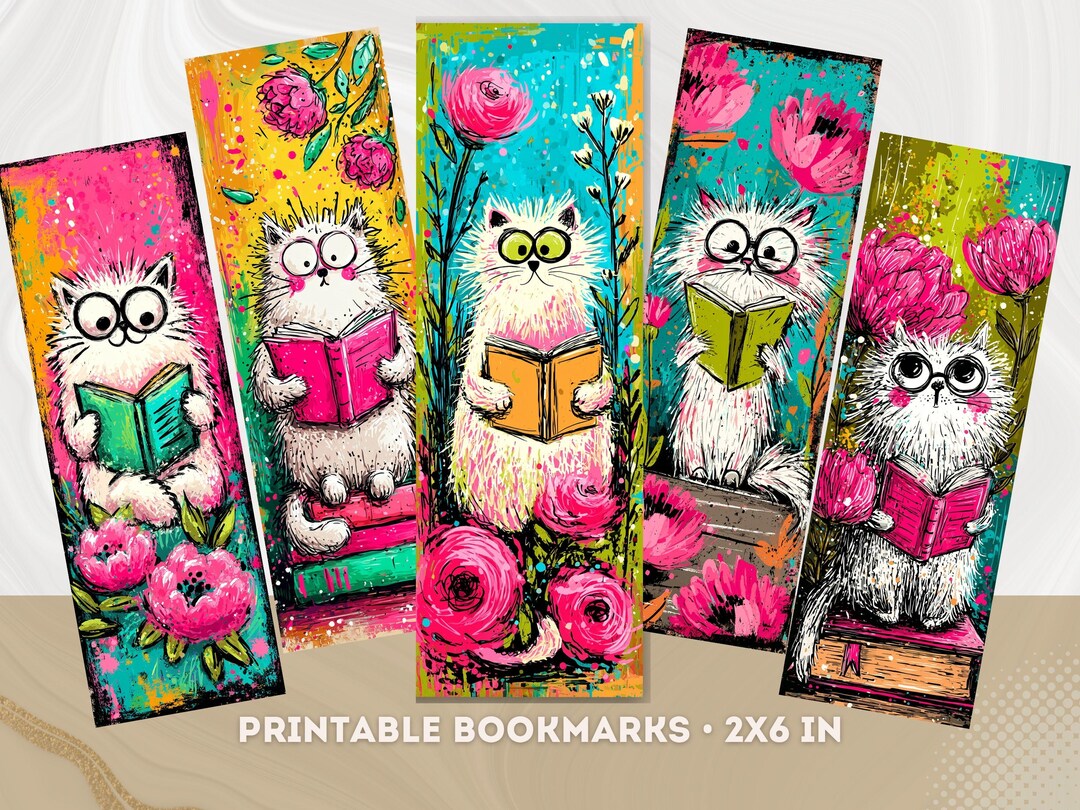 Neon Bookish Cats Bookmarks: Printable Cat Bookmarks, Floral Reading ...