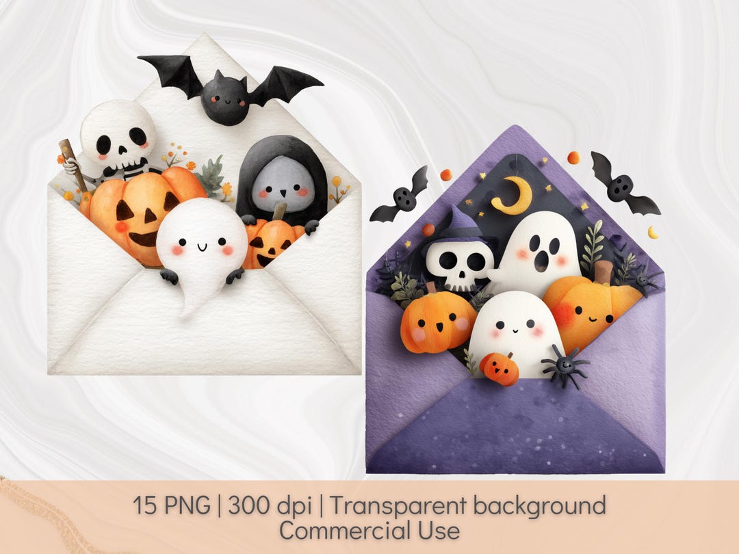 Kawaii Halloween Ghost Envelope Clipart, Cute Ghost PNG Bundle, Spooky ...