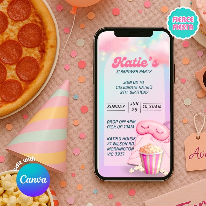 Mobile Sleepover Party Invitation Template – Editable Canva Design for ...