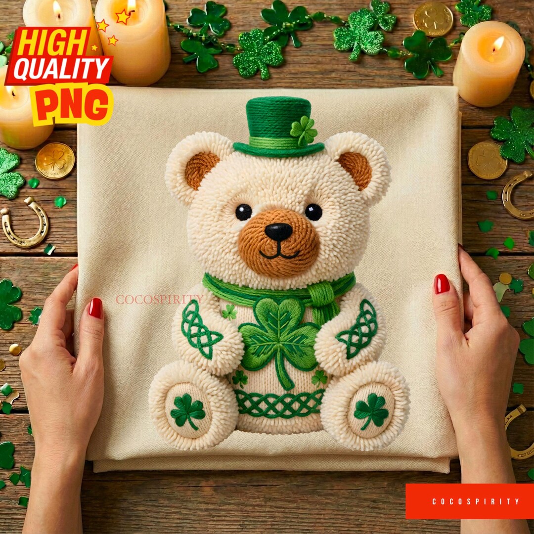 Celtic Teddy Bear PNG, Faux Yarn Chenille Bear, St Patricks Day ...