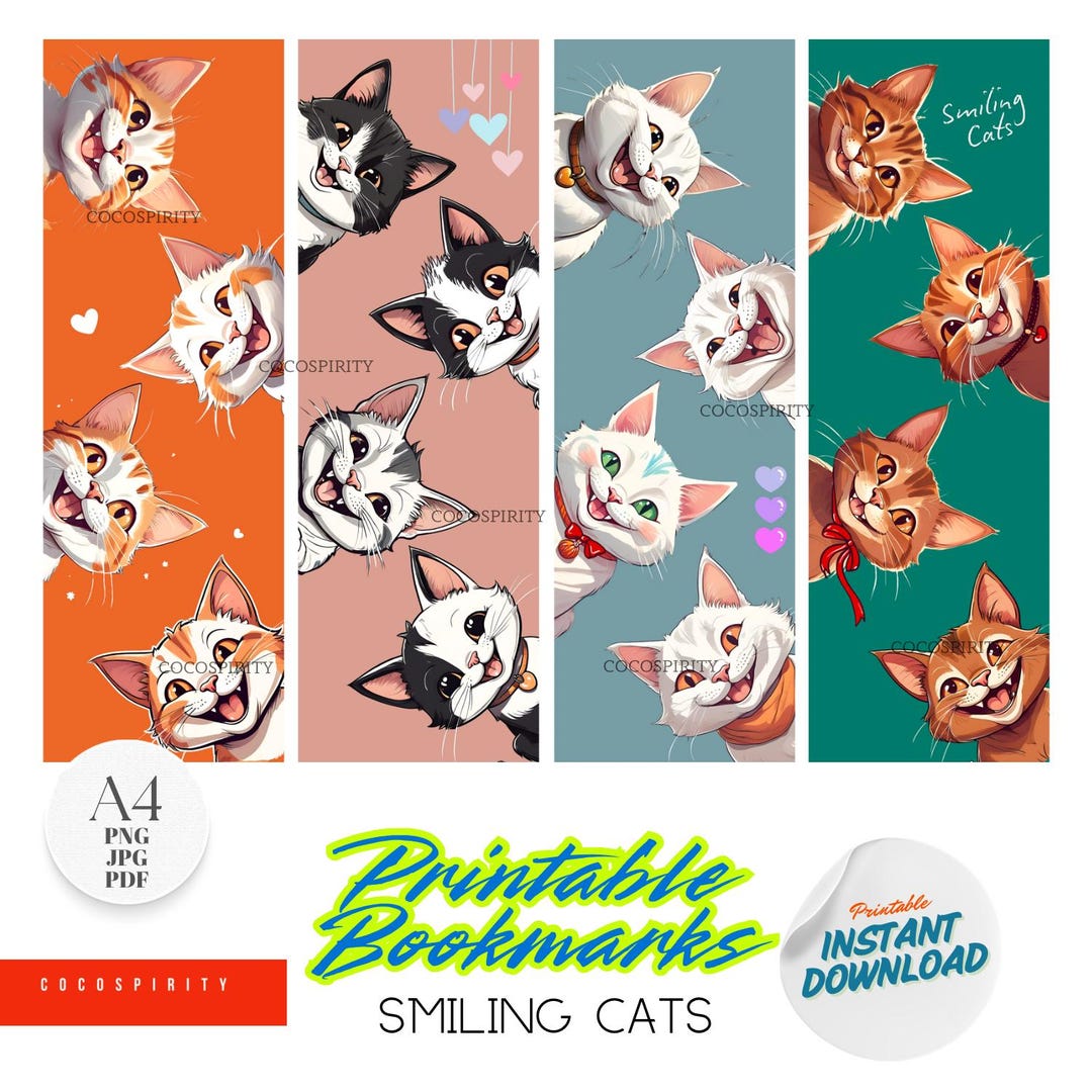 Printable Smiling Cats Bookmarks - Set of 4 | A4 Digital Download ...
