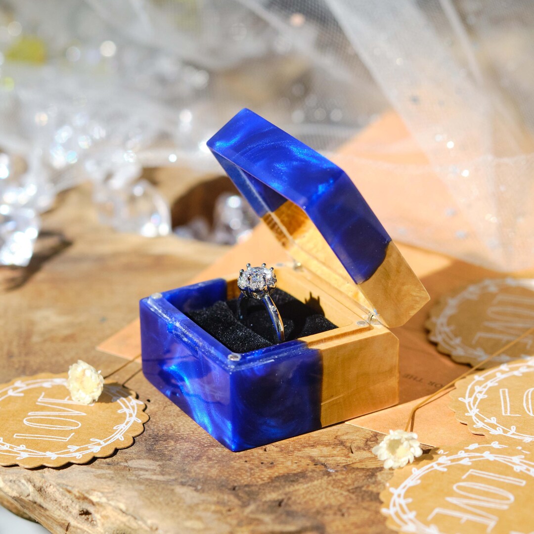 Ocean Blue Ring Box – Elegant Velvet Ring Holder for Engagement ...