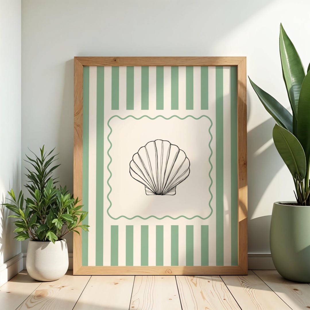 Scallop Art Print, Seashell Wall Art, Coastal Beach Print, Green ...