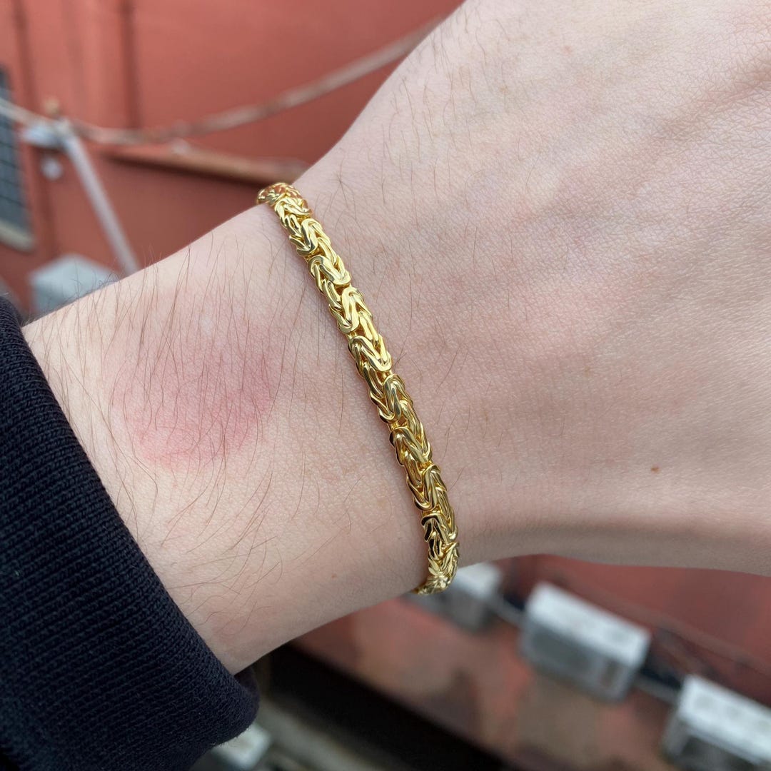 Gold Byzantine Chain Bracelet, Oval King Chain, 925 Sterling Silver, 5 ...