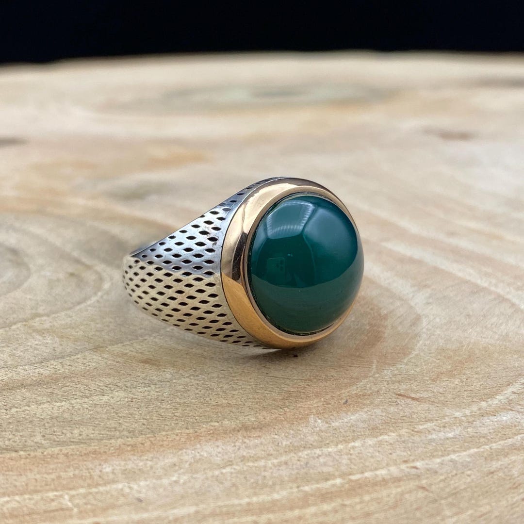 Green Agate Ring for Men, 925 Sterling Silver Men Ring, Round Green ...