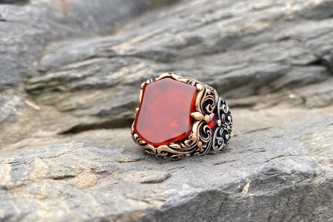Yemen Agate Gemstone Ring, Men Silver Ring, Ruby Aqeeq Men Silver Ring ...