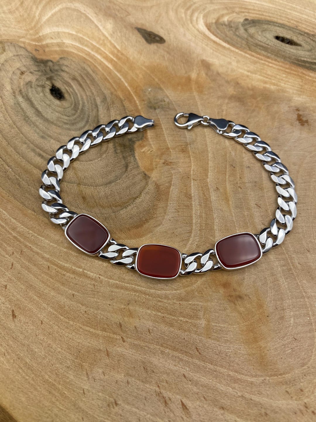 Square Red Agate Cuban Chain, Cuban Chain Bracelet, Handmade Silver ...