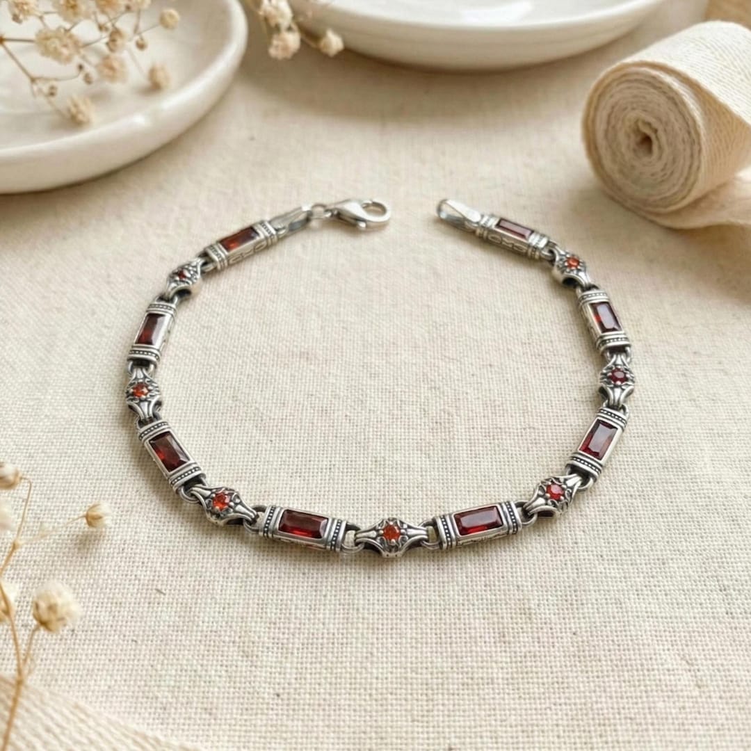 Silver Ruby Bracelet, Red Baguette Byzantine Chain, Vintage Style 925 ...