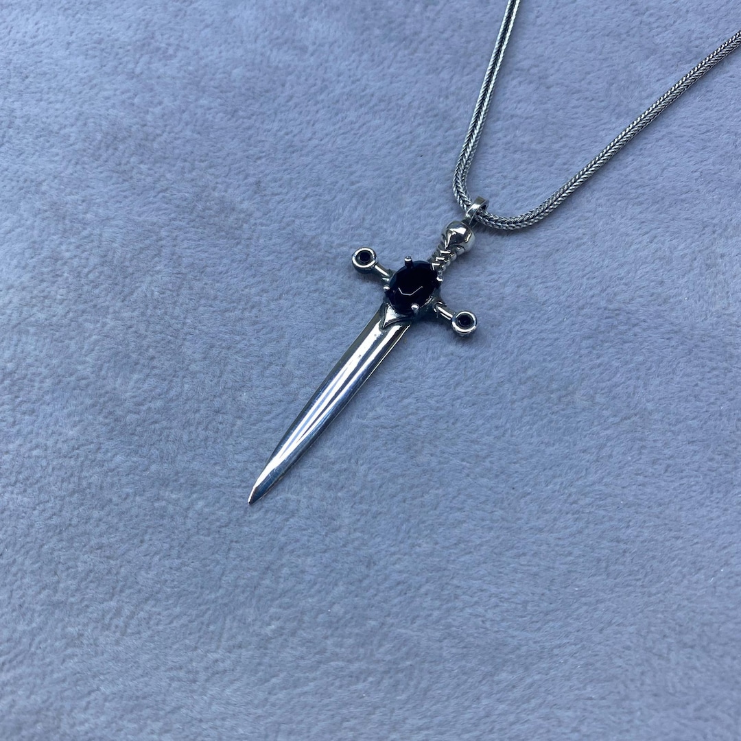 Silver Sword Pendant , Silver Onyx Stone Sword Necklace, Unisex Silver ...