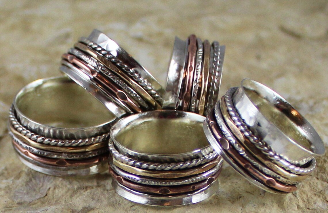 Short Stack Spinner Ring with Sterling Copper and Brass Bands | Etsy