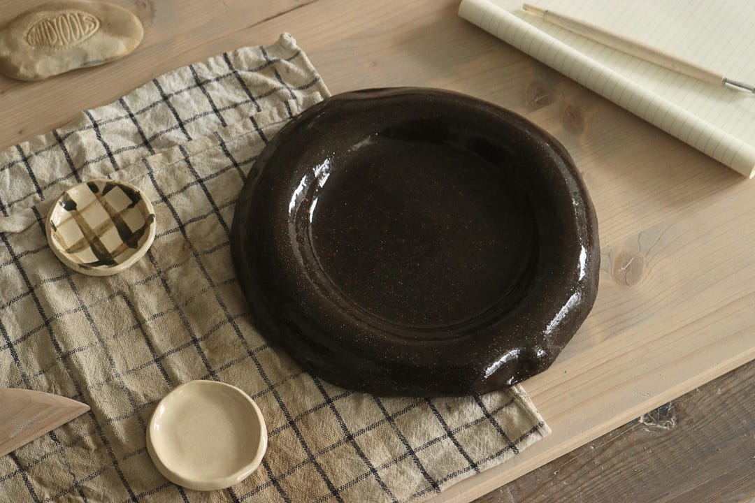 Ceramic Handbuilt Dark Wonky Plate in Speckled Glaze, Handmade ...