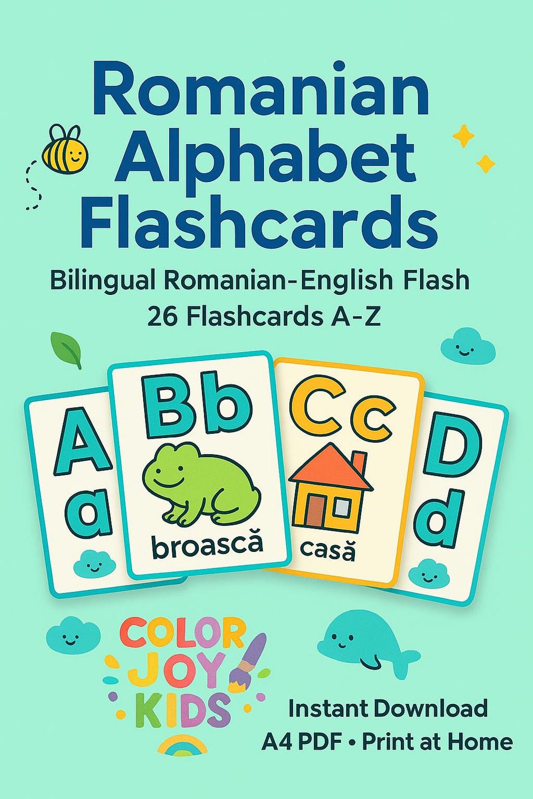 Romanian Alphabet Flashcards Printable • Bilingual Romanian English A–Z ...
