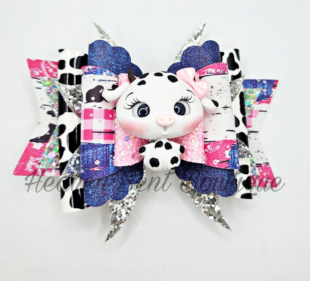 Cow Hair Bow/cow Faux Leather Hair Bow/cow Clay Hair Bow/farm Hair Bow ...