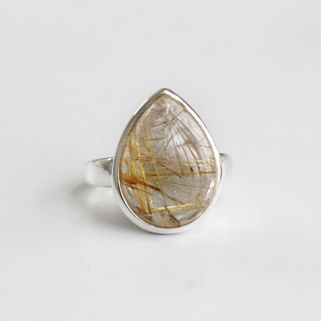 Rutilated Quartz Ring Silver, Pear Gemstone, 925 Sterling Silver ...