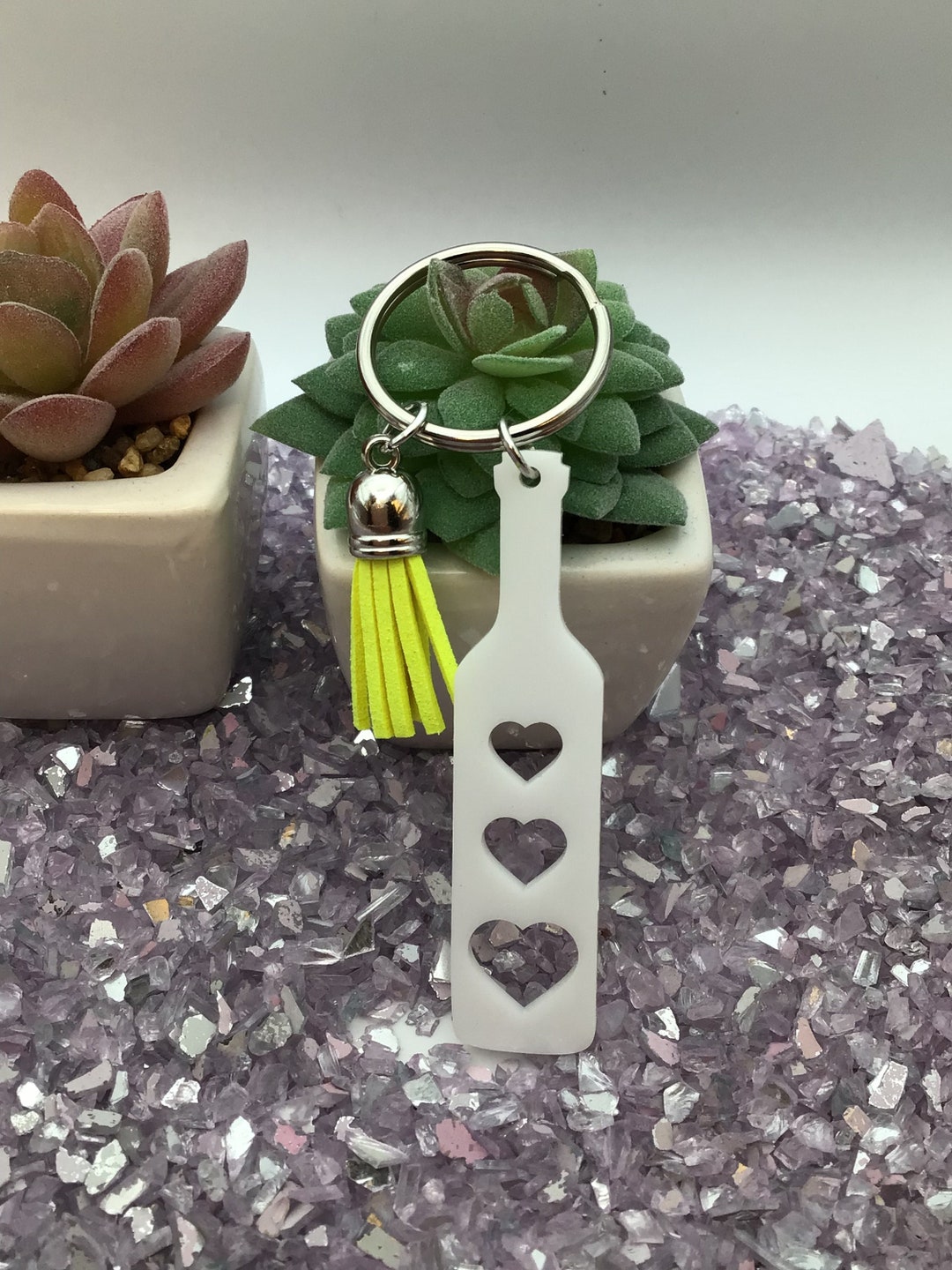 BDSM Heart Paddle Keyring, White Acrylic W/neon Yellow Tassel, BDSM ...