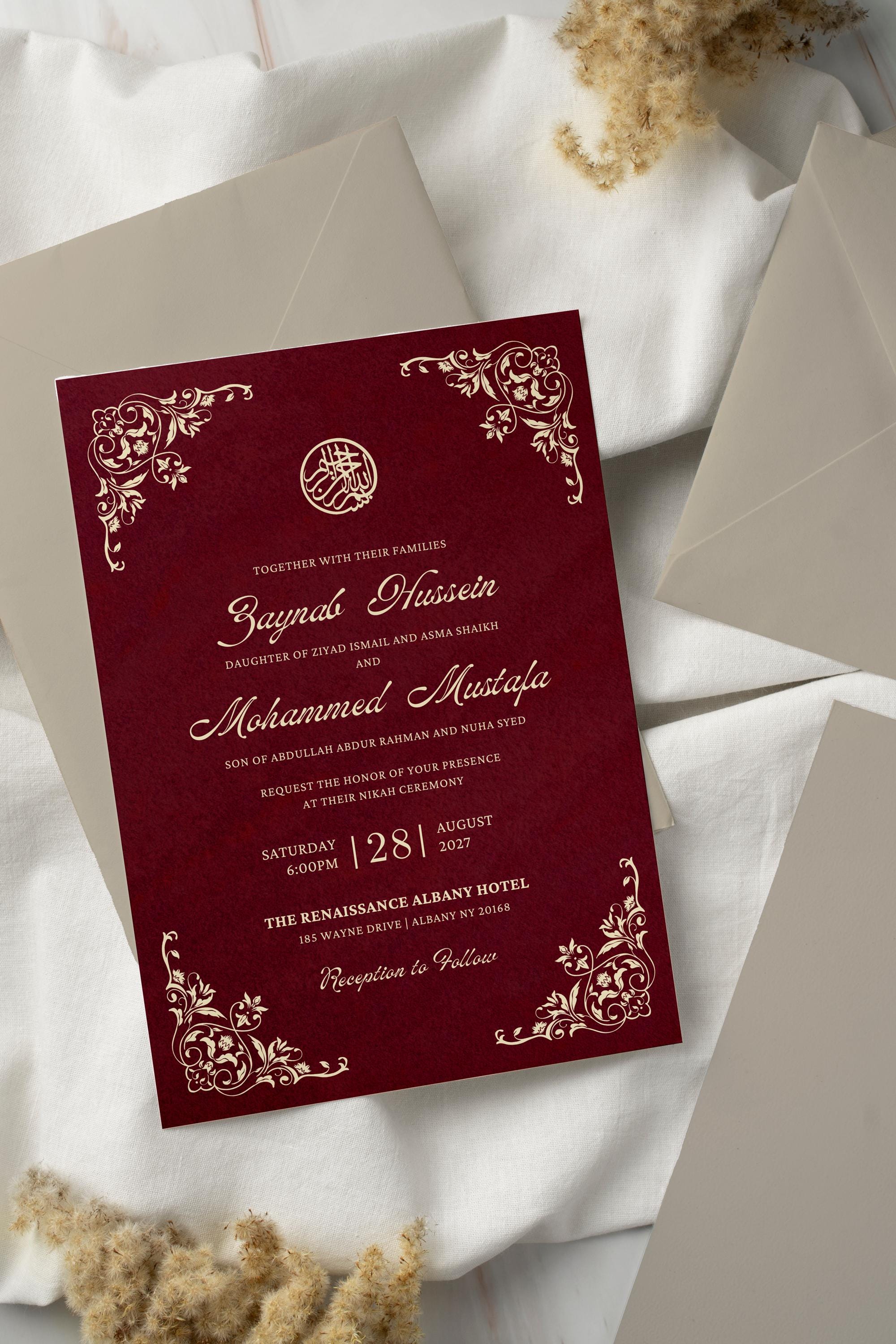 Luxury Maroon Muslim Wedding Invitation Template, Islamic Nikah Invite ...