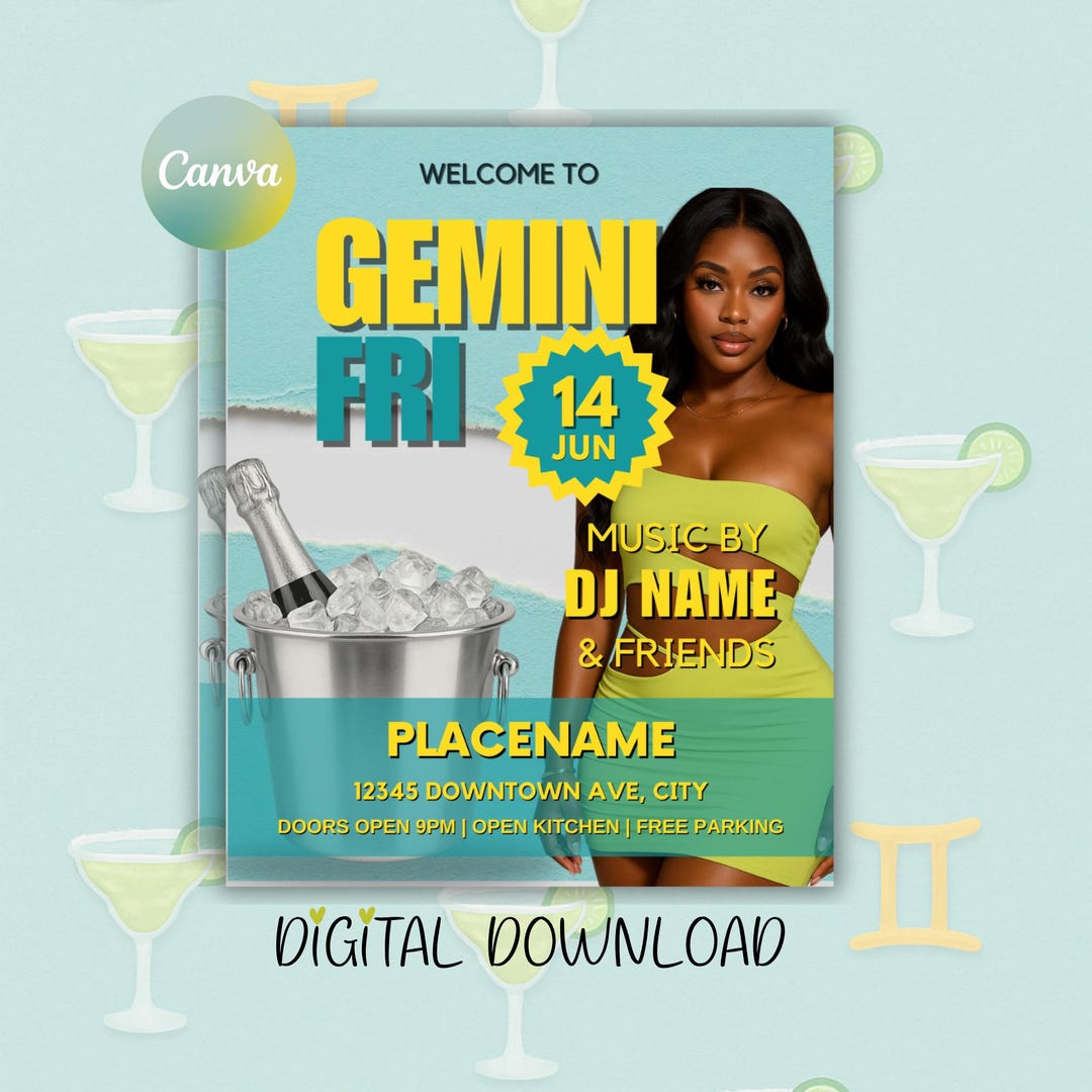 Editable Gemini Party Flyer Template | Yellow & Teal Club Night Canva ...