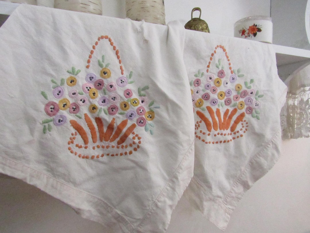 Embroidered Cotton Remnant - Destash Basket Embroidery Motif, Hand ...