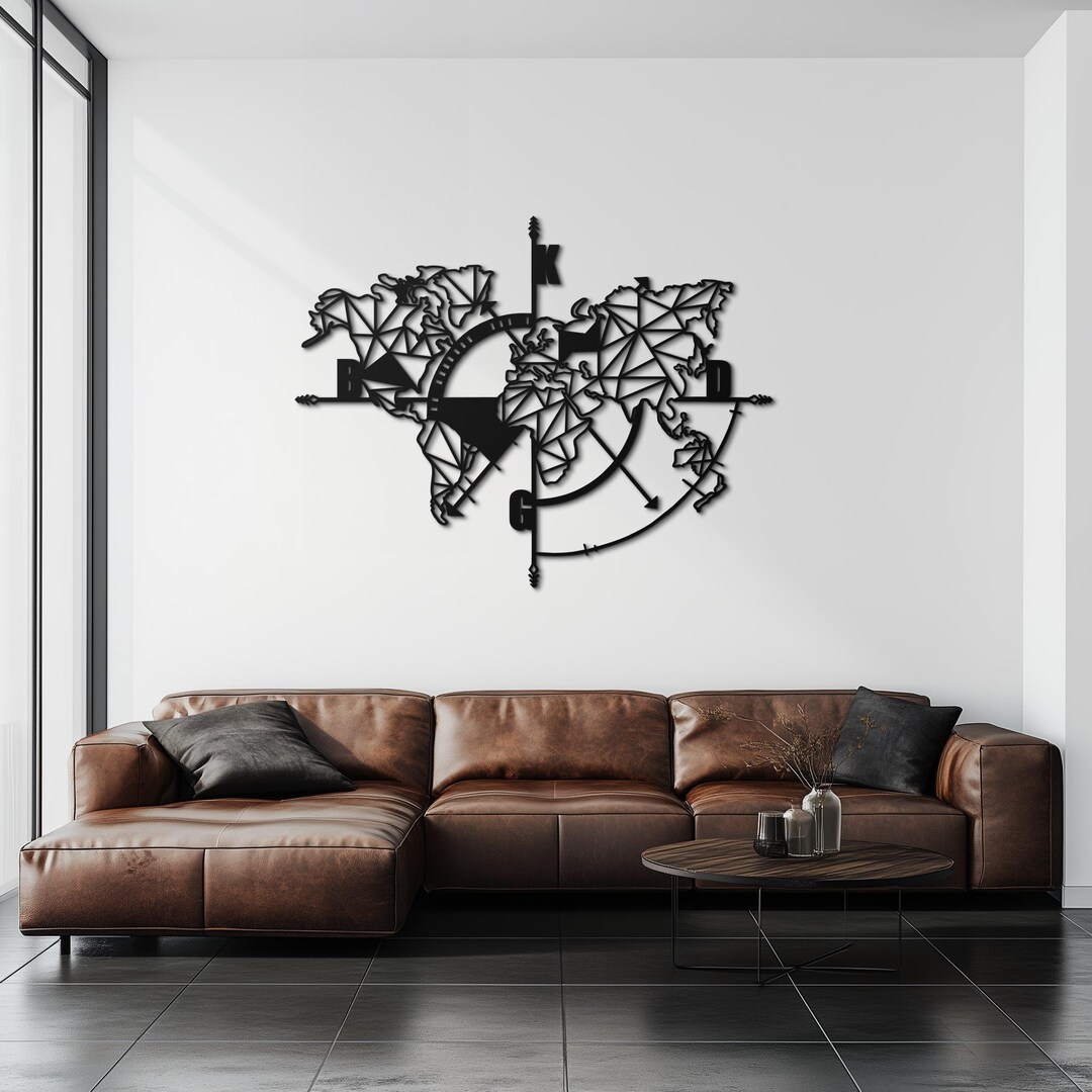 Geometric World Map Metal Wall Art – Black Metal Compass Design ...